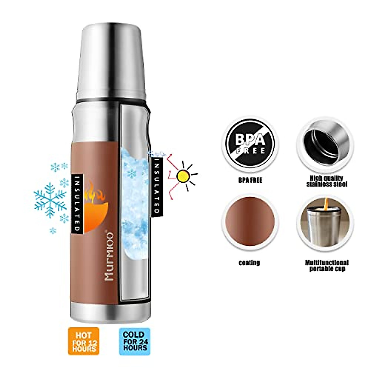 Murmioo travel vacuum flask，stainless steel insulated bottle, built-in cap cup, cold for 24 hours, heat for 12 hours, BPA Free leak proof, sweat free 17oz/500ml Brown