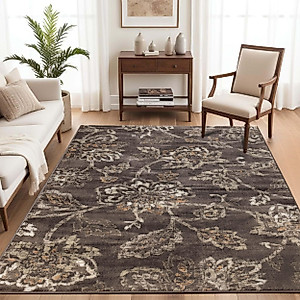 Superior Indoor Large Area Rug for Hallways, Entry, Office, Living/Bedroom, Hardwood, Tile, Floor Cover, Plush Carpet Cover, Modern Farmhouse Floral Decor, Jacobean Collection, 5' x 8', Chocolate