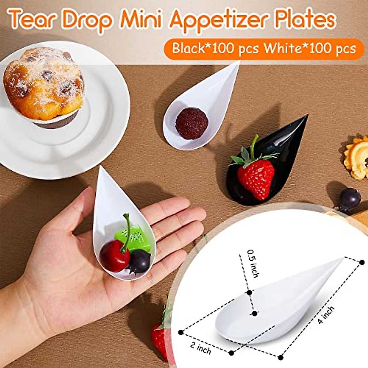 200 Pcs 4 Inch Tear Drop Appetizer Spoons Mini Appetizer Plates Reusable Spoons Tasting Spoons Plates Catering Supplies Disposable for Serving Small Desserts Cakes Bowls Serving Cup (White, Black)