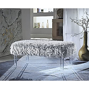 Iconic Home Trento Modern Contemporary Faux Fur Acrylic Leg Bench, Grey