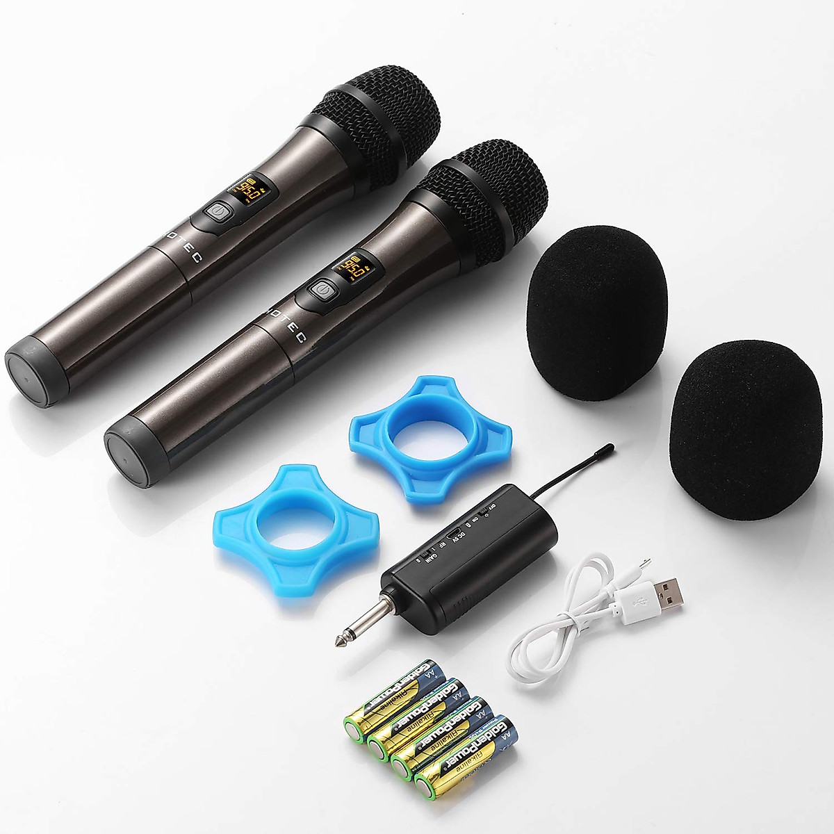 HOTEC UHF Wireless Dual Handheld Microphones with Rechargeable 1/4” Output Mini Portable Receiver for Live Performance Over PA, Mixer, Speaker (H-U26C)
