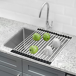 G-TING Dish Drying Rack 17.5" x 15", Over Sink Roll Up Large Dish Drainers Rack, Multipurpose Foldable Kitchen Sink Rack Mat Stainless Steel with Silicone Rims for Dishes, Cups, Fruits Vegetables