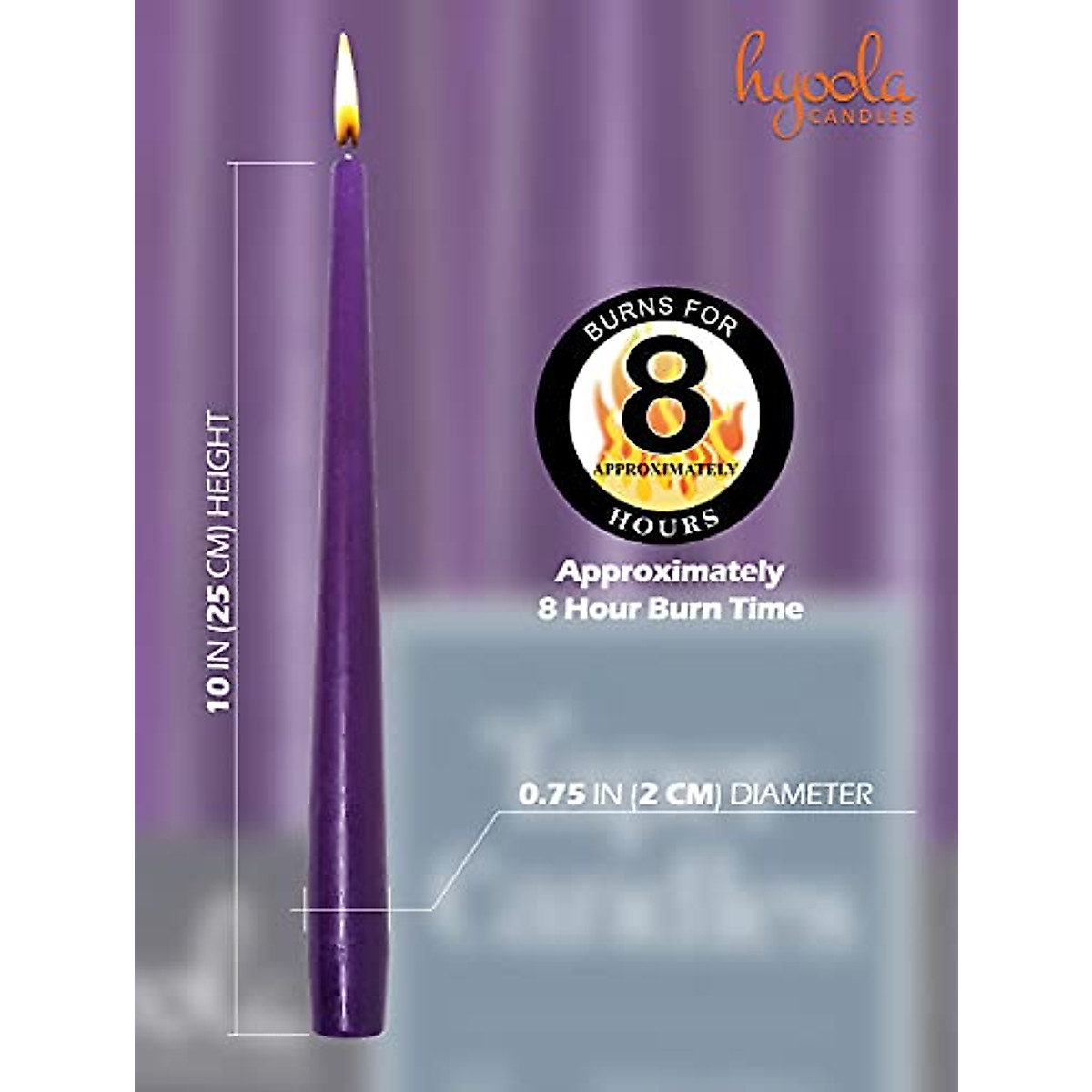 Hyoola Tall Taper Candles - 10 Inch Purple Unscented Dripless Taper Candles - 8 Hour Burn Time - 12 Pack