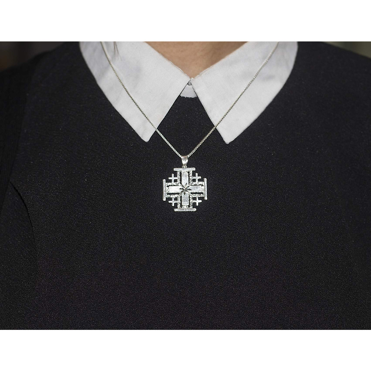 Sterling Silver (925) Jerusalem Crusader's cross Pendant. Handcrafted in the Holy Land. Two layer cross with Bethlehem star hand engraved.