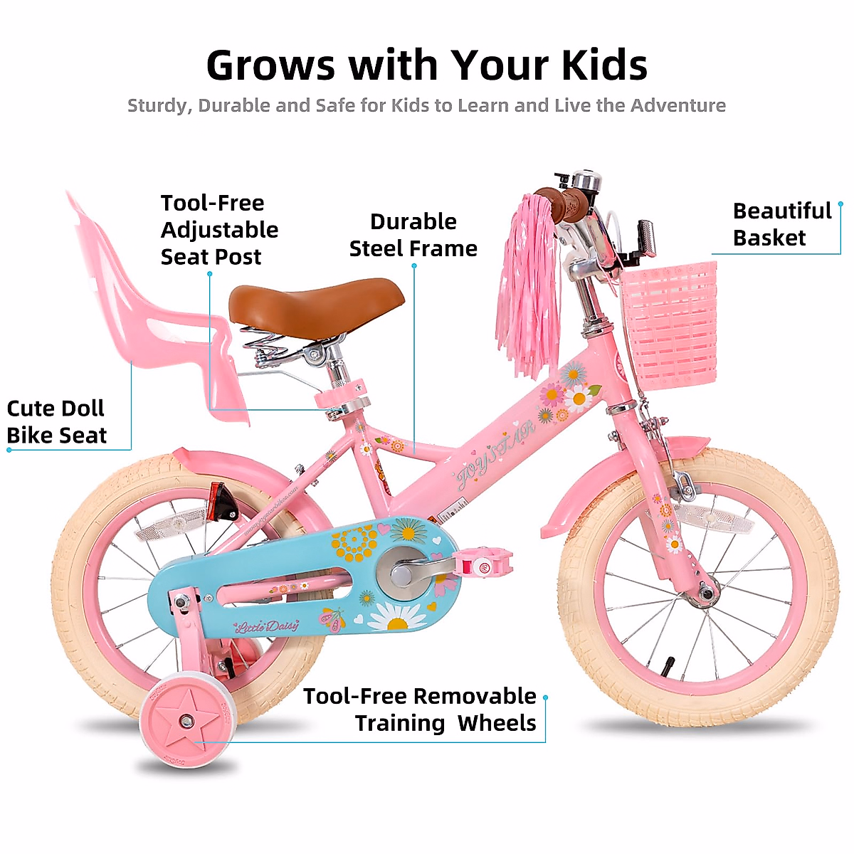 JOYSTAR 14 Inch Kids Bike Little Daisy Girls Bike with Training Wheels Doll Bike Seat Basket & Streamers Princess Kids Bicycle for Girls Toddler Bike 3-5 Years Pink