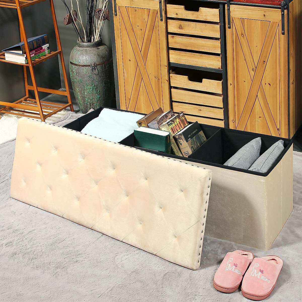 PINPLUS Folding Storage Ottoman Bench, Folding Velvet Tuffed Foot Rest Stool with Rivet, End of Bed Bench Large Long Toy Shoes Chest for Bedroom Entryway Living Room, Beige, 41.3 Inches