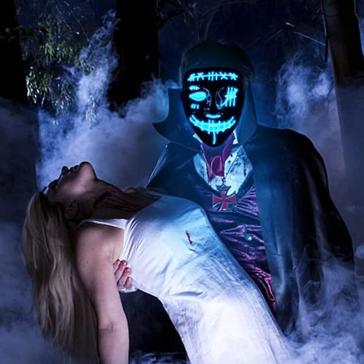 Plusheddy Halloween LED Scary Mask, Light up Halloween Face Mask- Mask Cosplay Decoration for Festival Party Carnival Cosplay Halloween, Blue