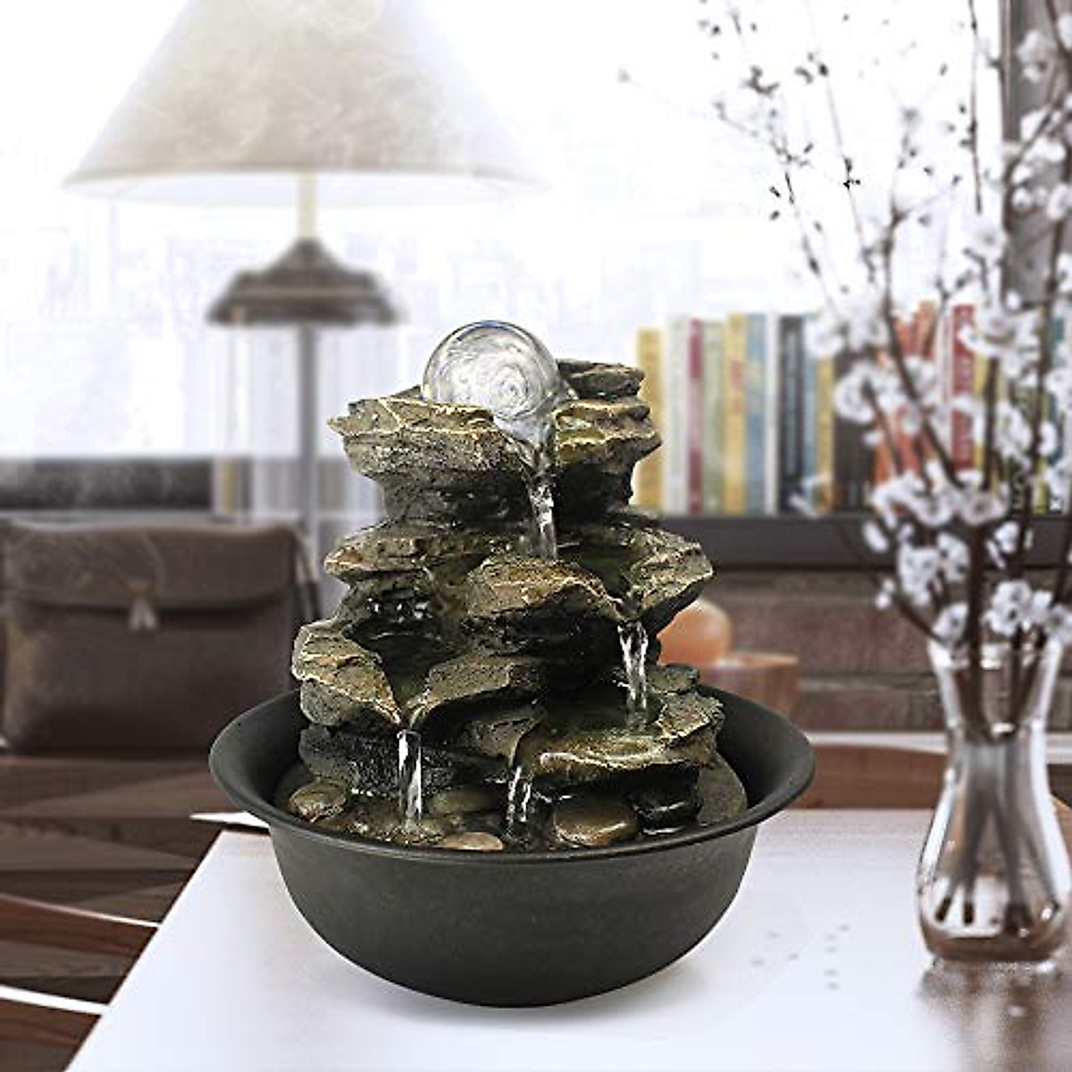 BBabe Spinning Orb Rock Cascading Tabletop Fountain, Zen Meditation Indoor Waterfall Feature with LED Light for Home Office Bedroom Relaxation