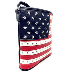 Western Tooled Leather American Flag Rhinestone Concealed Crossbody Messenger Bag (Red)