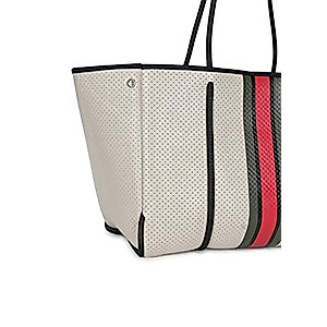 Haute Shore - Greyson Roma Neoprene Tote Bag w/Zipper Wristlet Inside, Beige W/Olive, Black, & Red Stripe