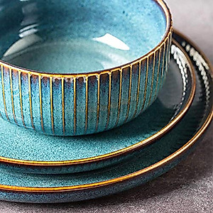 Kitchen DinnerwareFine Dinnerware Set,Porcelain Dinnerware Set, Ceramic Plates and Bowls Sets, Modern Creativity Vintage Lounge Round Reactive Glaze Stoneware Dishes Set for Kitchen/Dining, Blue,Serv