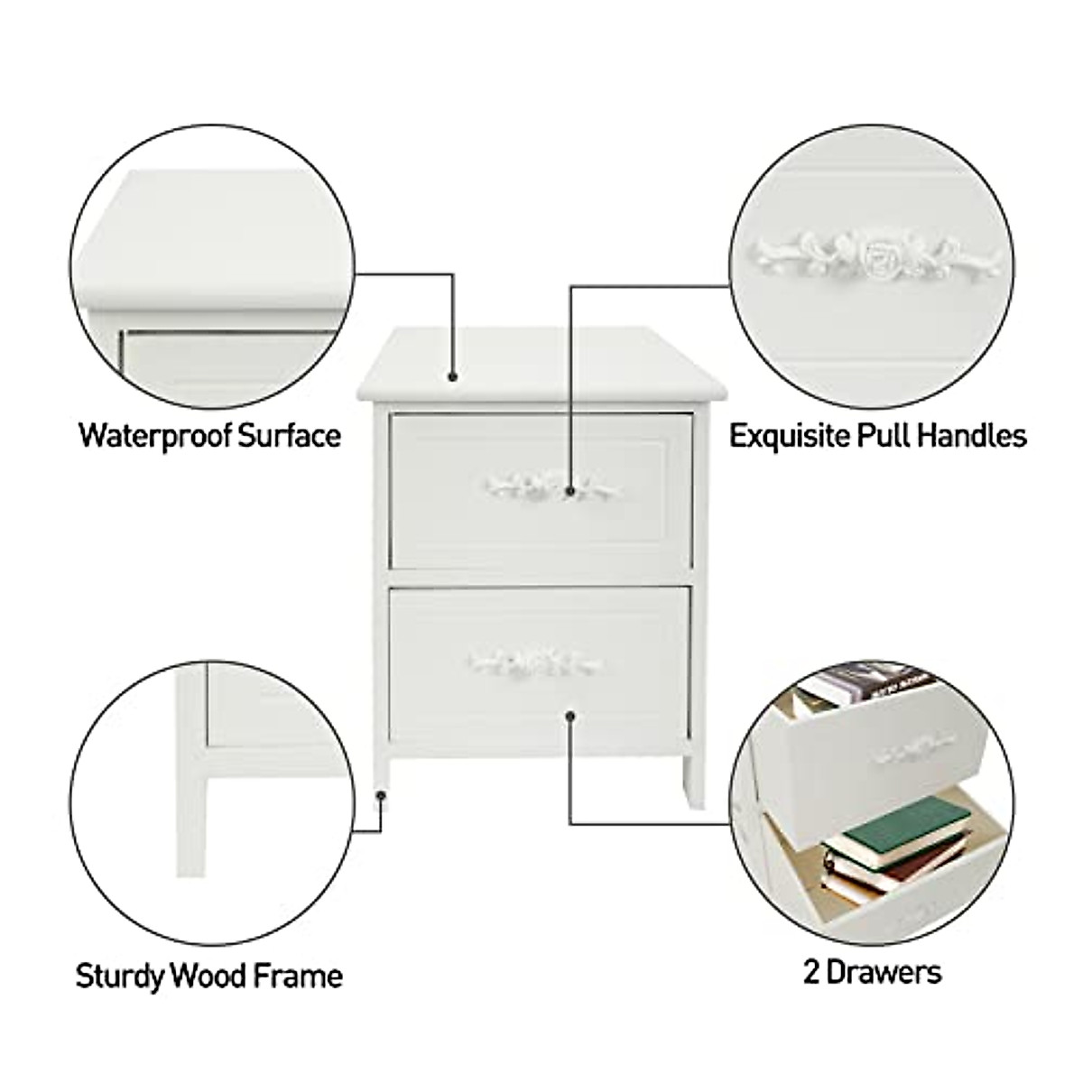 White Nightstands Set with Drawers, Wooden Night Stands Fully Assembled Modern White Night Stands with 2 Drawers, Night Stands Set of 2 for Small Space, Bedroom, Office