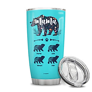 Wassmin Personalized Tumbler Mama Bear Stainless Steel Cup With Lid 20oz 30oz Double Walled Vacuum Insulated Tumblers Customize Cubs Mother's Birthday Christmas Gifts For Best Moms Mother (4 Kids)