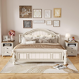 Lifewit Farmhouse Nightstand with Power Outlets and USB Ports, Bedside Table with 2 Drawers and 1 Open Storage Space, Side Table, End Table, Night Stand for Bedroom, Rustic White