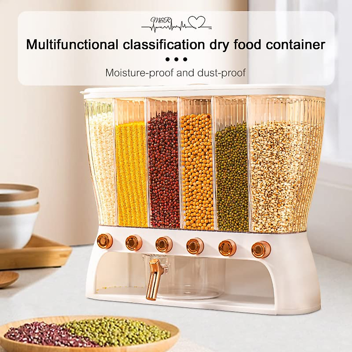 M&R, Dry Food Dispenser, Rice Container, Bulk Food Storage, Grain Canisters - 6 Grid, Moisture Proof/Airtight Dry Food Storage Containers/ Elegant design for home & kitchen.