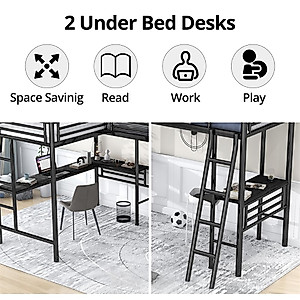 INCLAKE L Shaped Metal Loft Bed with 2 Desk, Twin Size Loft Bed with Safety Guardrail and 2 Ladder, Heavy-Duty Steel Frame Corner Twin Bed for Girls Boys Teens, Black