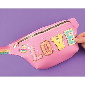 Make It Real: Fashion Bum Bag with Patches - 9 pcs, Pink Zipper Bag with Rainbow Band, DIY Customize, Love Patches, Tweens, Girls & Kids Ages 8+