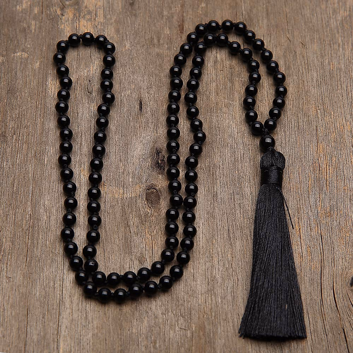 BALIBALI 8MM Beads Chakra Long Mala Necklace Natural Stone Meditation Statement Necklace Japa Yoga Rosary Prayer Charm Beaded Tassel Necklace (Black Agate)