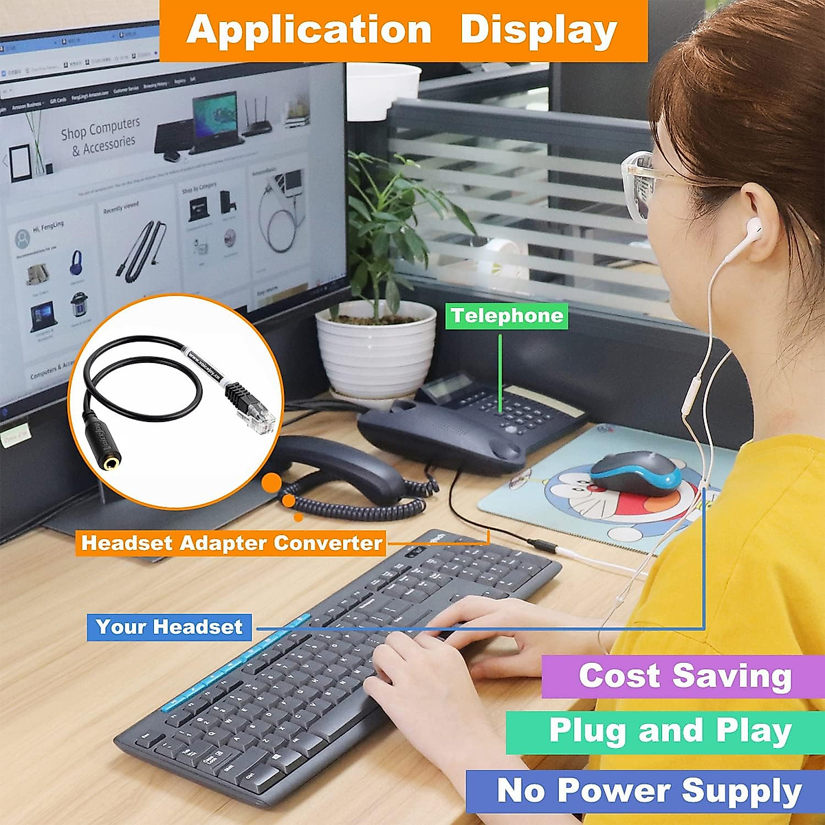 VoiceJoy Headset Adapter Converter 3.5mm Plug to Female RJ9/RJ10 Headset/Handset Plug for Most Office Phones