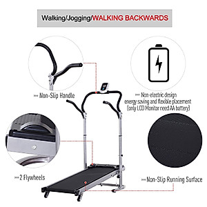 Soozier 2-in-1 Folding Walking Manual Treadmill Machine Sit Up Bench Running with LCD Screen Home Exercise Fitness
