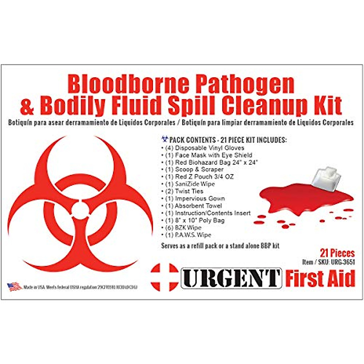 Urgent First Aid 22 Piece Bodily Fluid Clean Up Pack/Bloodborne Pathogen Spill Kit - be OSHA Compliant and Protect from Dangerous Exposure to Blood and Other potentially infectious Materials