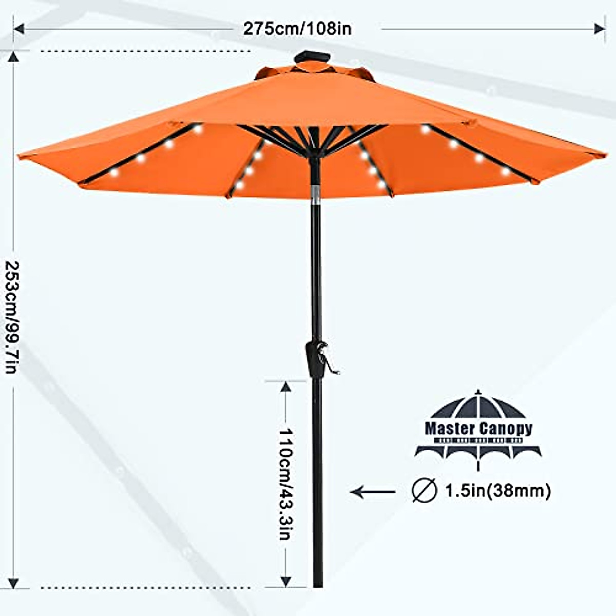 MASTERCANOPY Patio Umbrella with 32 Solar LED Lights -8 Ribs (9ft,Orange)