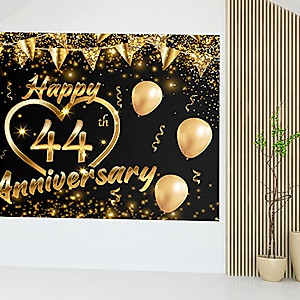 Happy 44th Anniversary Backdrop Banner Decor Black Gold – Glitter Love Heart Happy 44 Years Wedding Anniversary Party Theme Decorations for Women Men Supplies 3.9x5.9 ft