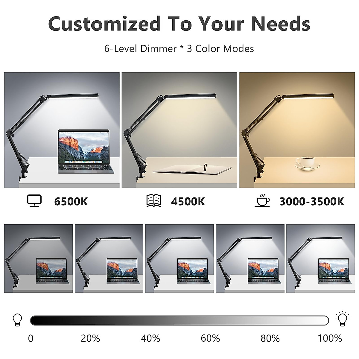 ODOM Desk Lamp, Swing Arm Desk Lamps with Clamp, 10 Brightness for Desk Light, Eye-Caring Desk Lamps for Home Office, Upgraded 12V Adapter with Memory Function
