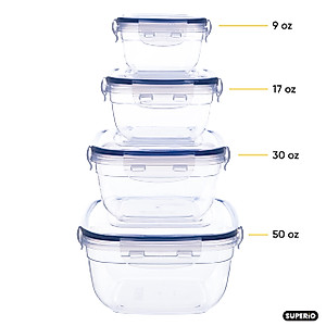 Superio Sealed Plastic Food Storage Container - Airtight, Leakproof Meal Prep Containers with Easy Snap Lid- Microwave and Freezer Safe- Square (6)