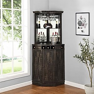 Home Source 73" Tall Corner Storage Cabinet with Wood Doors, Wine Rcak, Liquor Glass Holder, Glass Design Large Rustic Bar Hutch for Living Room, Home Office, Kitchen, Small Space, Charcoal