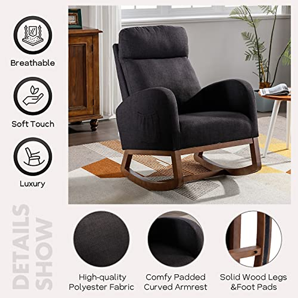 NIOIIKIT Nursery Rocking Chair, Upholstered Glider Chair for Nursery, Accent Rocker Chair with Tall Back & Side Pockets, Modern Leisure Single Arm Chair for Living Room, Bedroom (Black)