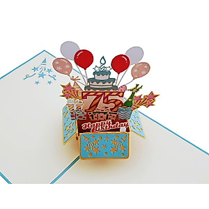 iGifts And Cards Happy 75th Blue Birthday Party Box 3D Pop Up Greeting Card – Seventy-Five, Awesome, Balloons, Unique, Celebration, Feliz Cumpleaños, Fun, Mom, Dad