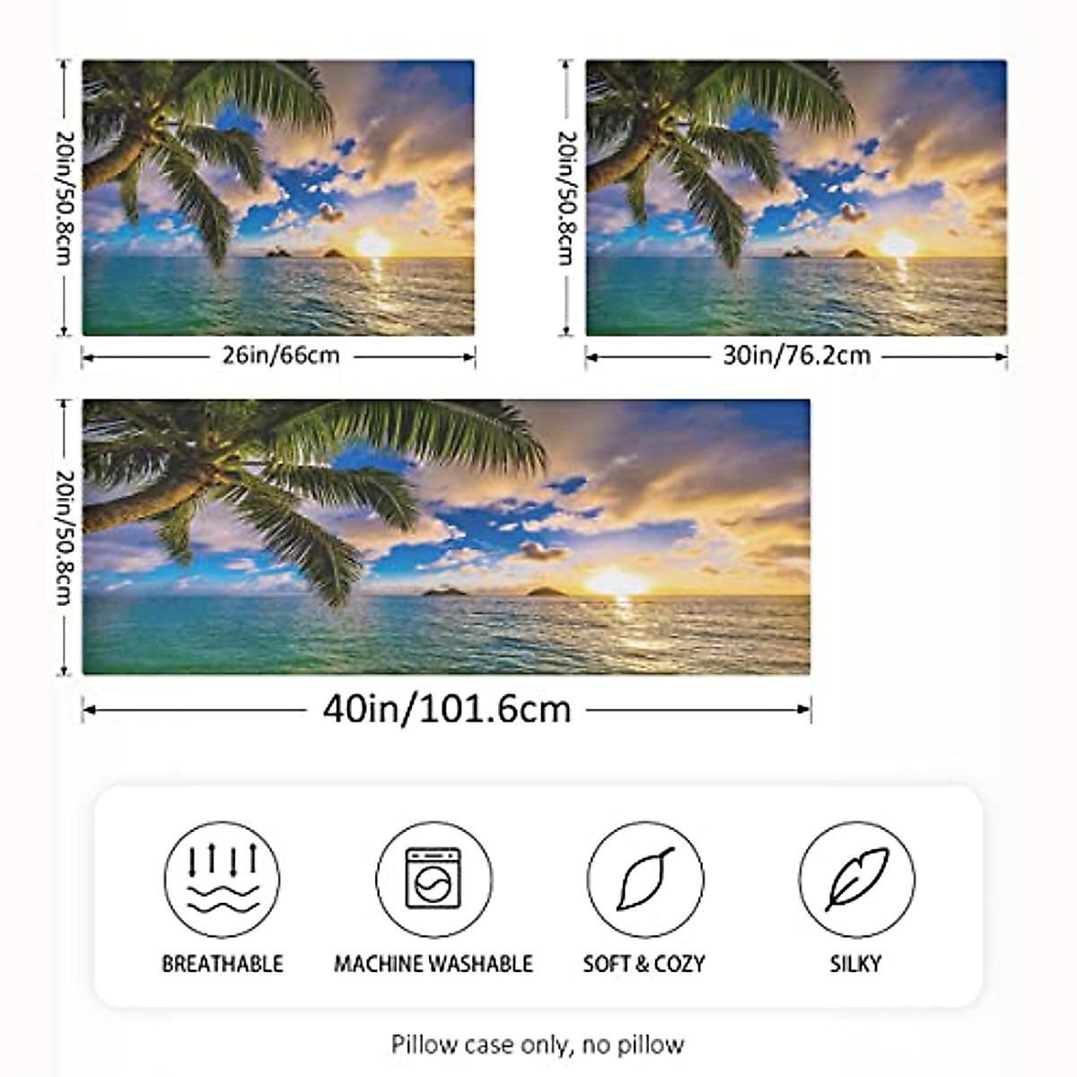Tropical Beach Sea Sunrise Palm Tree Satin Pillowcase Silk Pillow Case for Hair and Skin Pillow Covers with Envelope Closure,Standard Size 20x26 Inch