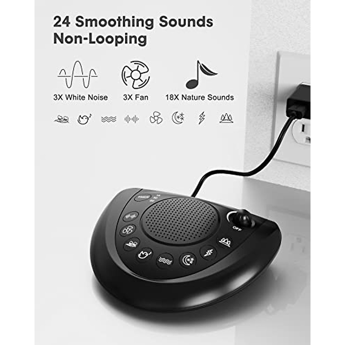 White Noise Machine – Portable Sound Machine Sleep Therapy with 24 Non Looping Natural Soothing Sounds, Memory Function, Auto-Off Timer, 2 USB Charger, Headphone Jack for Adults Baby Kids Travel