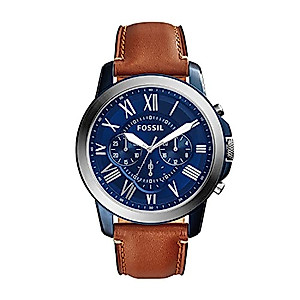 Fossil Men's Grant Quartz Stainless Steel and Leather Chronograph Watch, Color: Silver/Blue, Luggage (Model: FS5151)