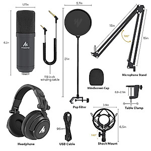 MAONO AU-A04 USB Microphone with AU-MH601 Studio Monitor Headphones Bundle Streaming Podcasting Pack Plug and Play for Computer, YouTube, Music