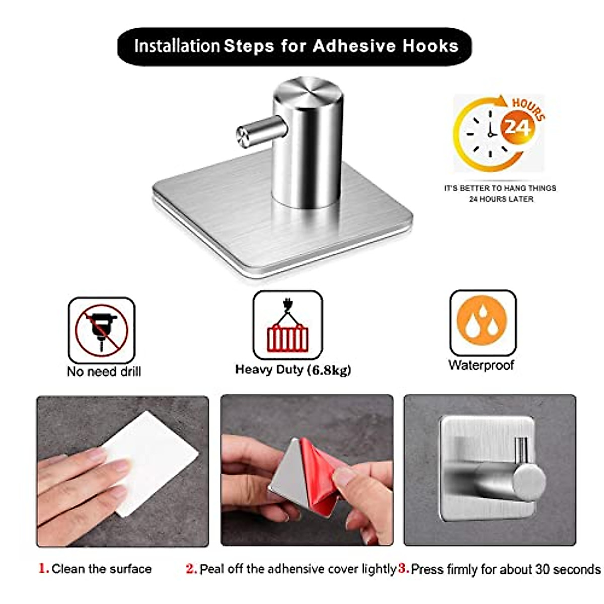 Viadom Adhesive Hooks Heavy Duty Wall Hooks Waterproof Stainless Steel Hooks for Hanging Coat, Hat,Towel Robe Hook Rack Wall Mount- Bathroom and Bedroom 2-Packs