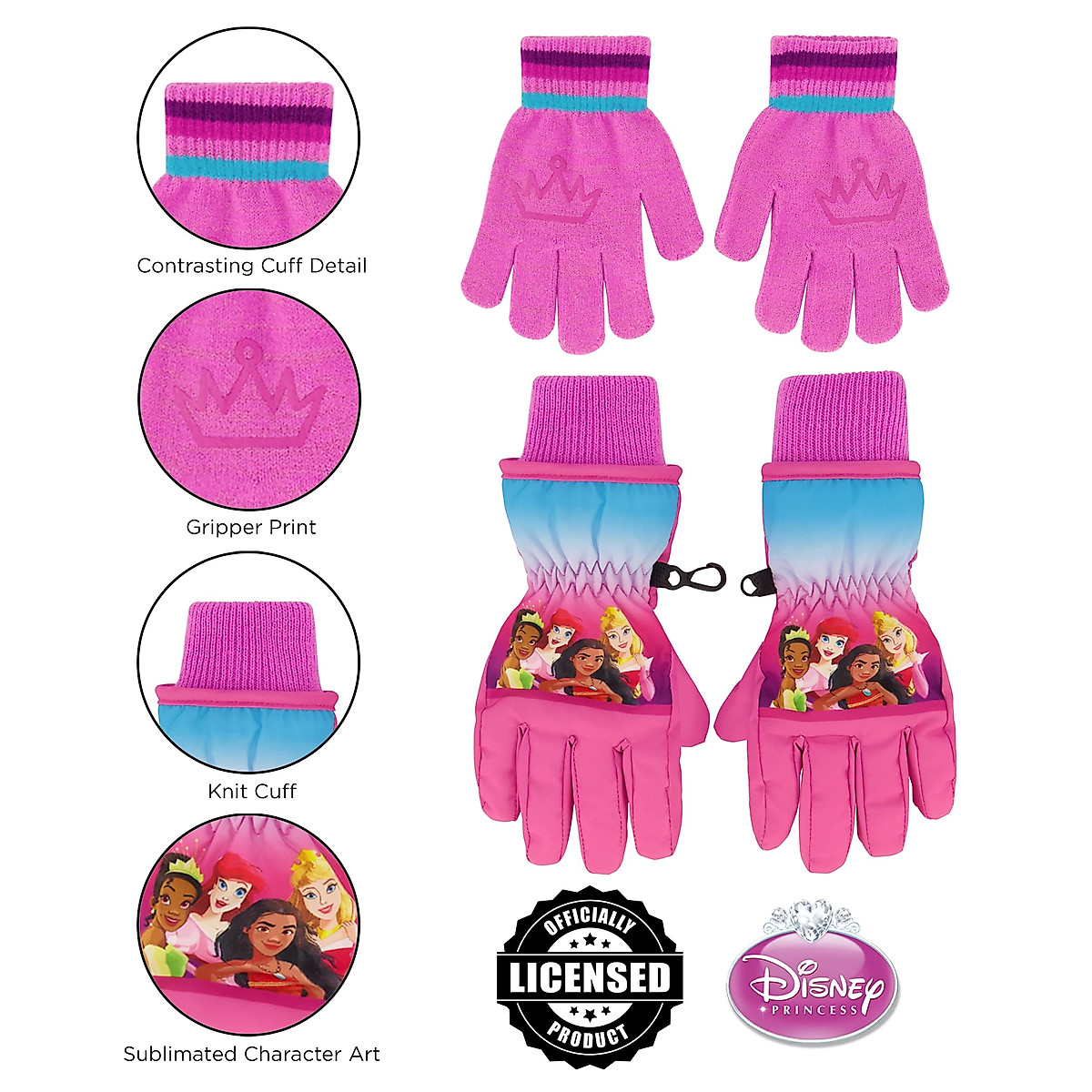 Disney Girls Winter Hat with Knit Gloves and Insulated Ski Glove Set, Princess For Ages 4-7