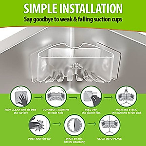 The Crown Choice Kitchen Sponge and Brush Holder – Space Saving Corner Sink Caddy - Sponge Holder Plastic, Adhesive, Rust Proof and Water Proof – Kitchen Holder Sponges, Scrubbers, Soap