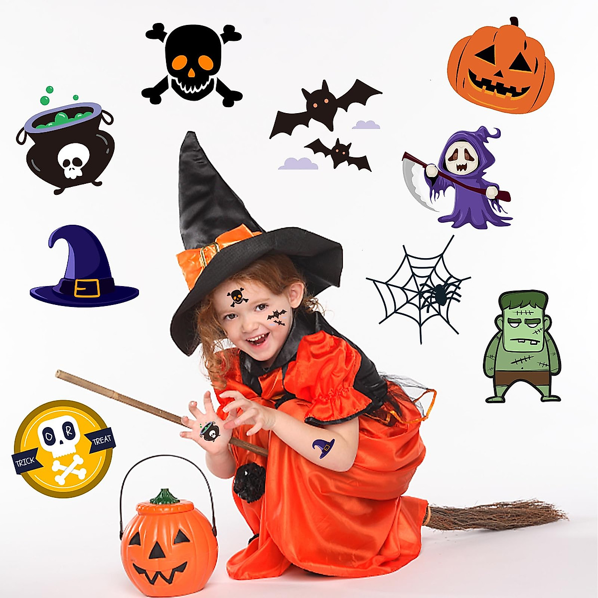 180pcs 60 Designs Halloween Temporary Tattoos for Kids, Children Fake Tattoos Stickers Party Supplies, Pumpkin Lantern Ghost Vampire Tattoo Body Sticker Halloween Party Themed Accessory Decorations