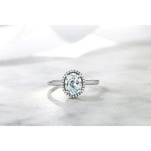 Gem Stone King 10K White Gold 8X6MM Oval Gemstone Birthstone & White Diamond Halo Engagement Ring | Wedding Anniversary Promise White Gold Ring For Women | Size 5,6,7,8,9