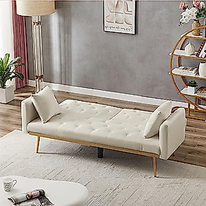 Anwick Modern Velvet 2 in 1 Futon Sofa Bed,Convertible Folding Sleeper Bed Couches with 2 Pillows,73" Tufted Recliner Love Seat with Golden Chrome Legs for Living Room Apartment Office (Beige-New)