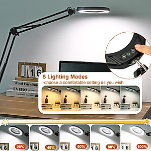 Veemagni 5 Inch Large Magnifying Glass with Light and Stand, 5 Color Modes Stepless Dimmable, 2*16 Inch Swivel Arm LED Clamp Desk Lamp, Hands Free 5X Lighted Magnifier for Close Work Crafts Soldering