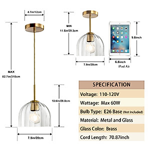 Lighten Chance Modern Pendant Light Kitchen Island, Bell Lamp Shape Hanging Ceiling Lighting Fixture with Clear Striped Glass Lampshade Dining Room, Warm Brass Finish