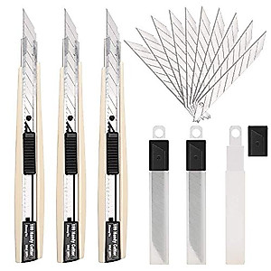 Gift Wrap Cutter Retractable Box Cutter, 3 Pcs Lockable Blade Knives + 30 Pcs 30 Degree 9mm Snap Off Blades, Smooth Mechanism Craft Knife, Christmas Wrapping Paper Cutter