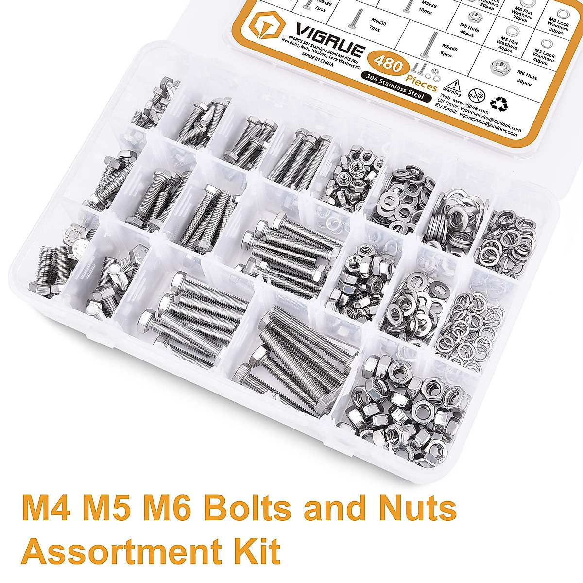 VIGRUE 480PCS M4 M5 M6 Bolts Nuts Assortment Kit, Heavy Duty 304 Stainless Steel, 13 Metric Common Sizes Included