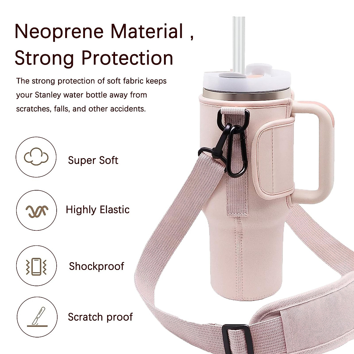 Water Bottle Pouch & Water Bottle Holder with Strap Set, Adjustable Shoulder Hand Strap Removable Fanny Pack Water Bottle Accessories for Stanley Quencher H2.0 Flowstate Tumbler 30 oz 40 oz Pink