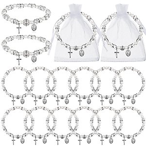 Taiyin Rosary Bracelet Bulk with Mesh Bags, White Religious Rosary Bead Bracelet Catholic Bracelets, Baptism First Communion Gifts for Women(12 Pcs)