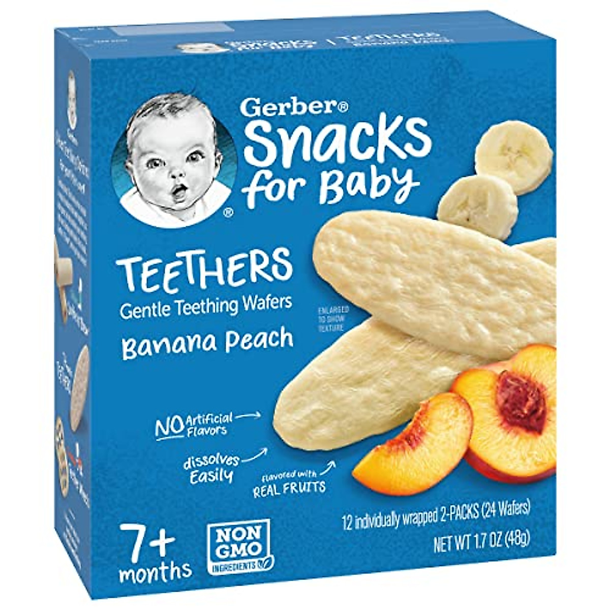 Gerber Snacks for Baby Teethers, Banana Peach, Gentle Teething Wafers, Flavored with Real Fruits & No Artificial Flavors, 12 Individually Wrapped 2 Packs/Box (Pack of 2 Boxes)