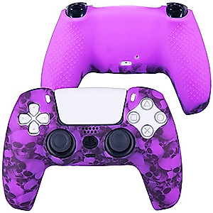 9CDeer 1 Piece of Silicone Transfer Print Protective Cover Skin + 10 Thumb Grips for PlayStation 5 / PS5 Controller Skulls Purple